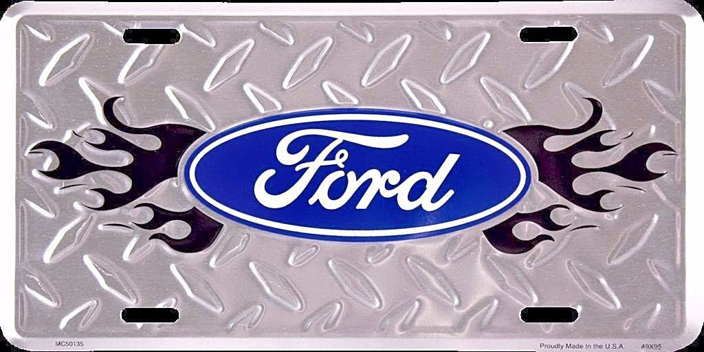 Ford Logo Diamond License Plate Metal Black Flame Embossed – My Team Depot